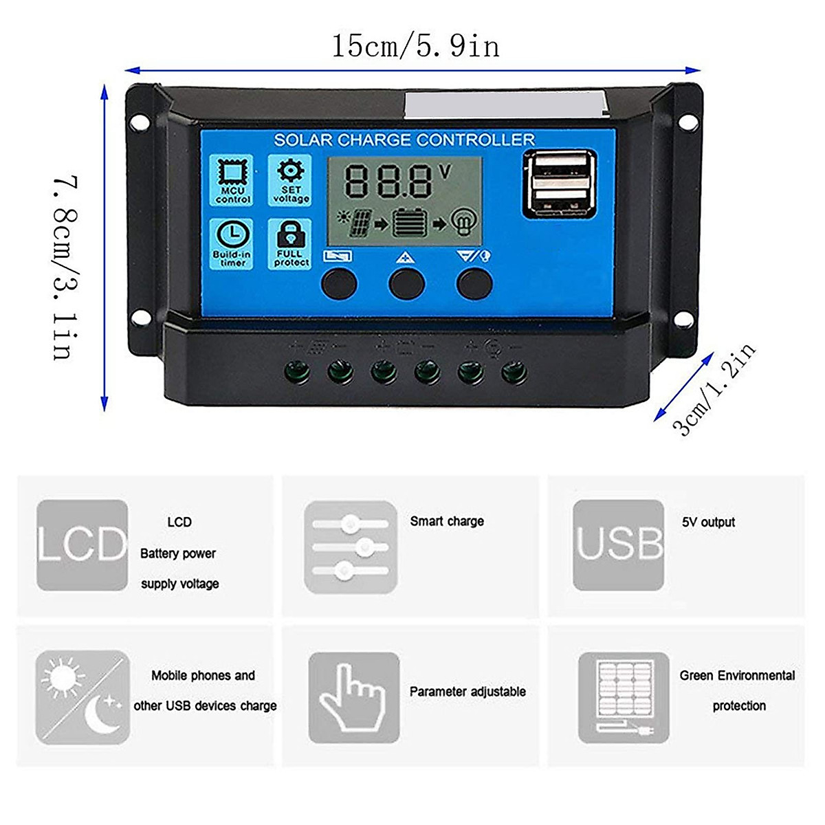 Solar Charge Controller Industrial PWM with Dual USB 5V Outputs (60A)