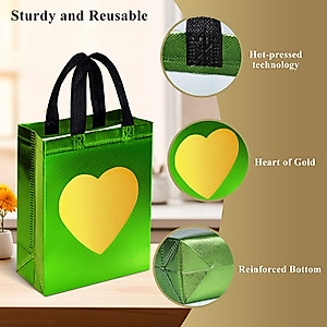 MCPINKY 15PCS Gift Bags with Handles, Green Non-woven Bags with Shiny Gold Heart Reusable Gift Bags Medium Size Party Favor Bags for Birthday Wedding Party Favors