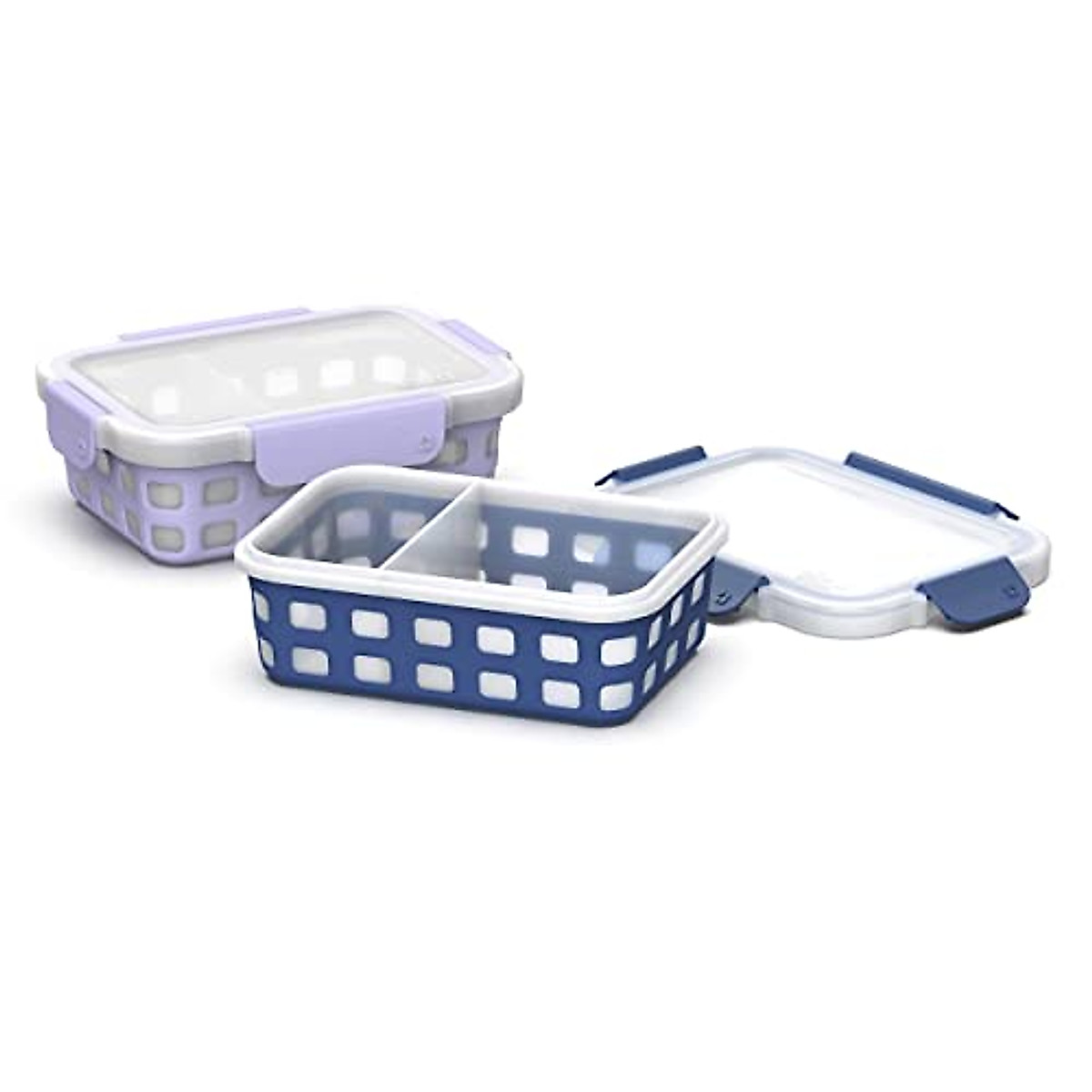 Ello Plastic Divided Container Food Storage Portion Control Set with Locking Leak-Proof Lids, 2 Set 4 Cup, Purple/Blue