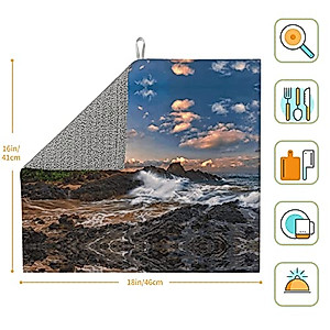 Palm Trees Clouds Tropical Coast Printed Drying Mat For Kitchen Ultra Absorbent Microfiber Dishes Drainer Mats Non-Slip Silicone Quick Dry Pad - 18 X 16inch