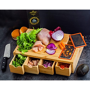 ecozoi Bamboo Cutting Board with 4 Slide Out Drawers with 4 Bamboo Lids for Easy Storage, Non Slip Meal Prep Station, Chopping Board, Wooden Butcher Block with Juice Groove and 2 Bonus Graters