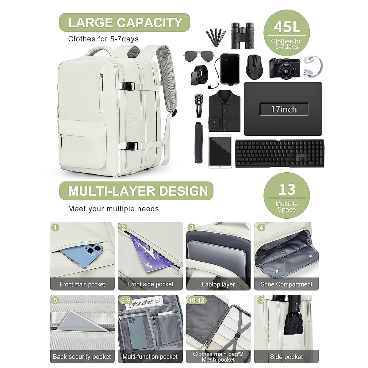 Large Travel Laptop Backpack, Expandable Flight Approved Backpack, Carry on Backpack for Women, Waterproof 17inch Laptop Hiking Backpack with Shoe Compartment, Moon White