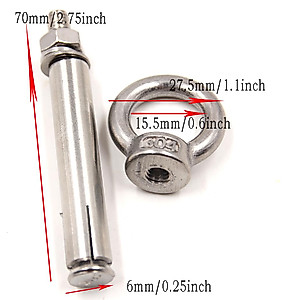 Preamer 1/4" X 2-3/4" Heavy Duty Stainless Steel Concrete Anchors Eye Bolt Eyebolt Anchor Wall Concrete Brick Anchor Expansion Bolts Ring Screw Eyes,5-Pack