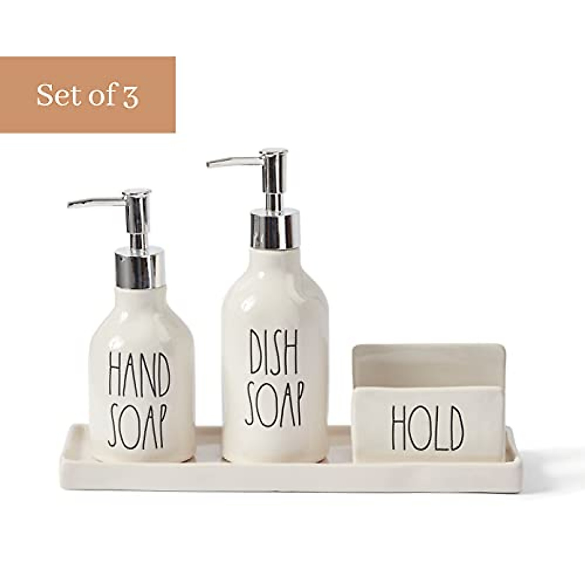 Rae Dunn Kitchen-Sink Soap Dispenser Set, Hand Soap and Dish Soap Dispenser for Kitchen with Sponge Holder and Tray