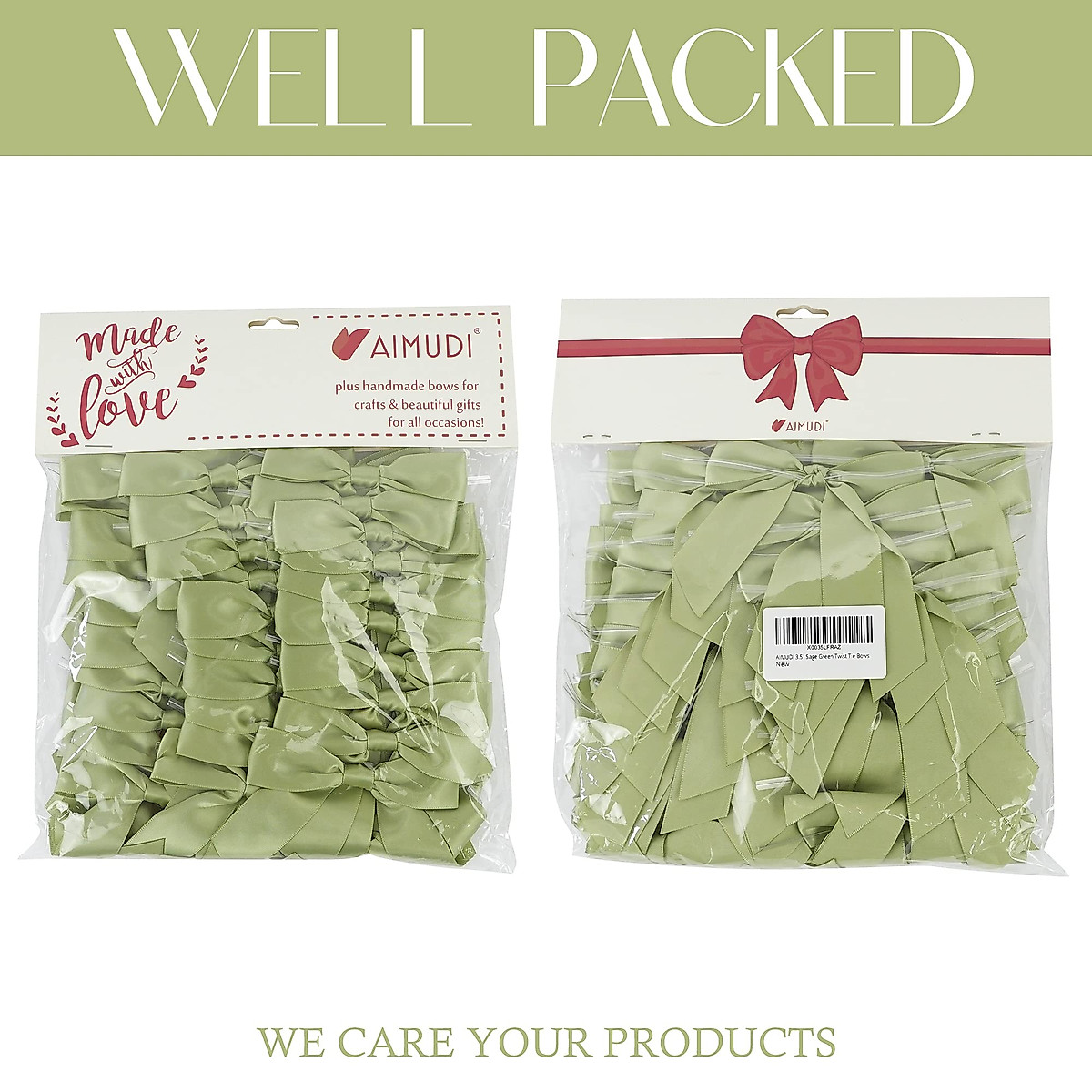 AIMUDI Sage Green Satin Ribbon Twist Tie Bows 3.5" Pretied Bows Premade Bows for Treat Bags Crafts Gift Wrapping Basket Wedding Favors Cookie Candy Bagging Cake Pop Bridal Shower - 50 Counts