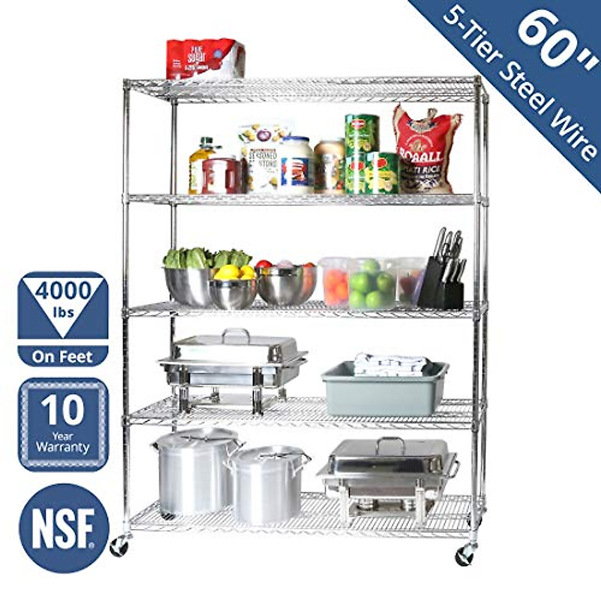 Seville Classics UltraDurable Heavy Duty NSF Solid Steel Wire Rack Storage Unit Organizer for Garage, Warehouse, Office, Restaurant, Classroom, Kitchen, 5-Tier Shelving, 60" W x 18" D