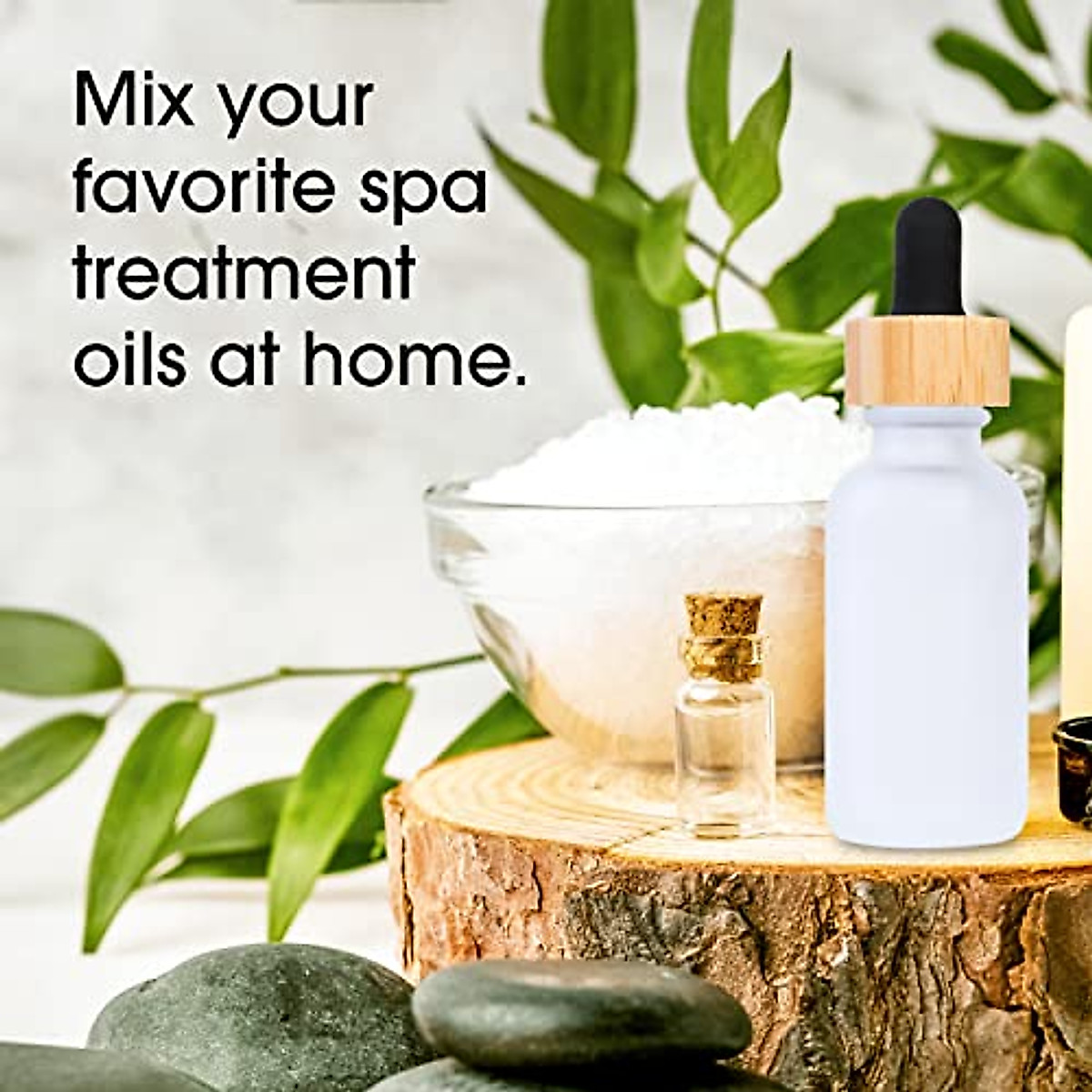 Focus Nutrition 12 Pack Clear Frosted Boston Round Essential Oils Aromatherapy Glass Bottles Jar With Black Bamboo Eye dropper cap, 1oz