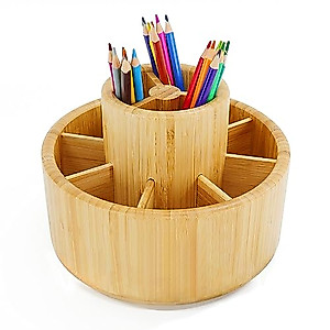 Utoplike Bamboo Rotating Art Supply Desk Organizer,Pencil Holder Organizer, Desktop Storage Caddy for Pen,Colored Pencil,Crayon,Paint Brushes,Art Studio&Office