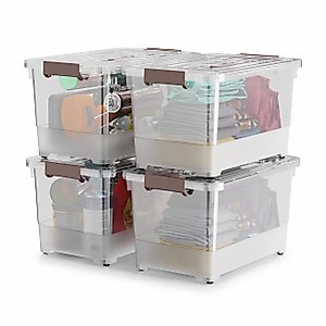 WYT 32 Qt Plastic Storage Bin Organizing Container with Durable Lids and Latching Buckle, Tote Box Stackable and Nestable, 4-Pack