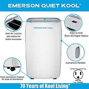 Emerson Quiet Kool EAPE14RSD1 SMART Heat/Cool Wi-Fi and Voice 550-Sq. Ft Portable Air Conditioner with Remote Control for Rooms, White