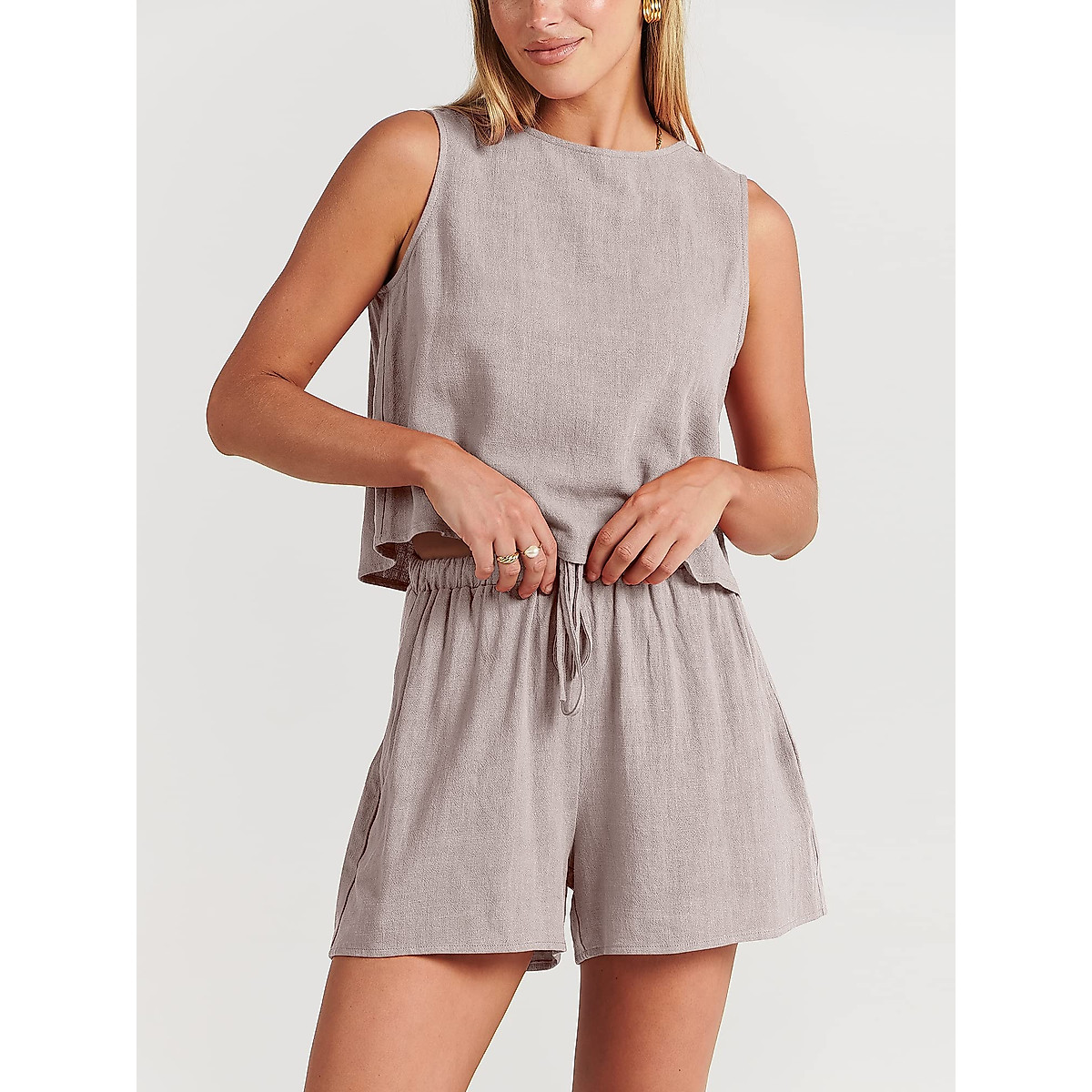 ANRABESS Women 2 Two Piece Outfits Lounge Matching Sets Linen Shorts Boho Aesthetic Clothes Sleeveless Tops 2023 Summer Outfits Vacation Beach 806yinhui-M, Light Grey