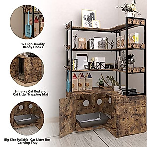 PAKASEPT Litter Box Enclosure with Shelves and Doors, Industrial Corner Shelves with Cat Cabinet &12 Hooks, 3-Shelf Corner Bookshelf, Pullable Carring Tray, Cat Scratcher, for Most of Litter Box