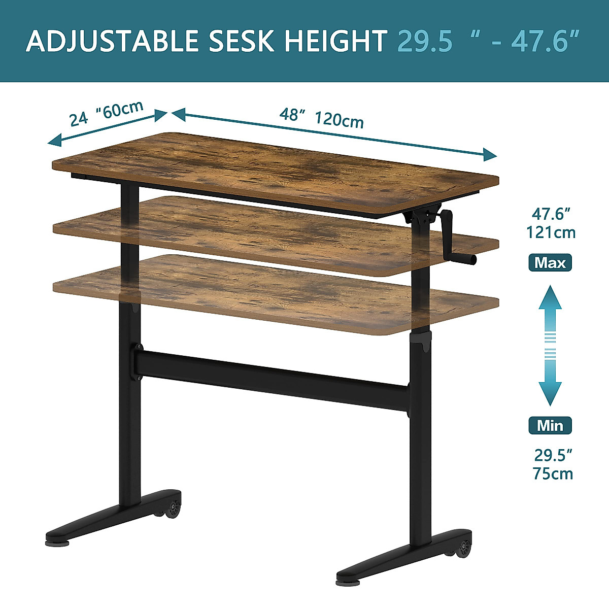 Win Up Time Manual Standing Desk Adjustable Height- Crank Mobile Standing Desk 48 x 24 Inches Sit Stand Desk Frame & Top, Stand Up Desk on Wheels, Computer Desk Black Frame & Rustic Brown