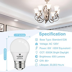 hansang A15 LED E26 Small Light Bulb, Daylight 5000K, 60Watt Equivalent Ceiling Fan Light Bulbs, E26 Standard Base Appliance Light Bulb, 600 Lumen, CRI85+, Eye Protection, 120V, Non-Dimmable 6 Pack