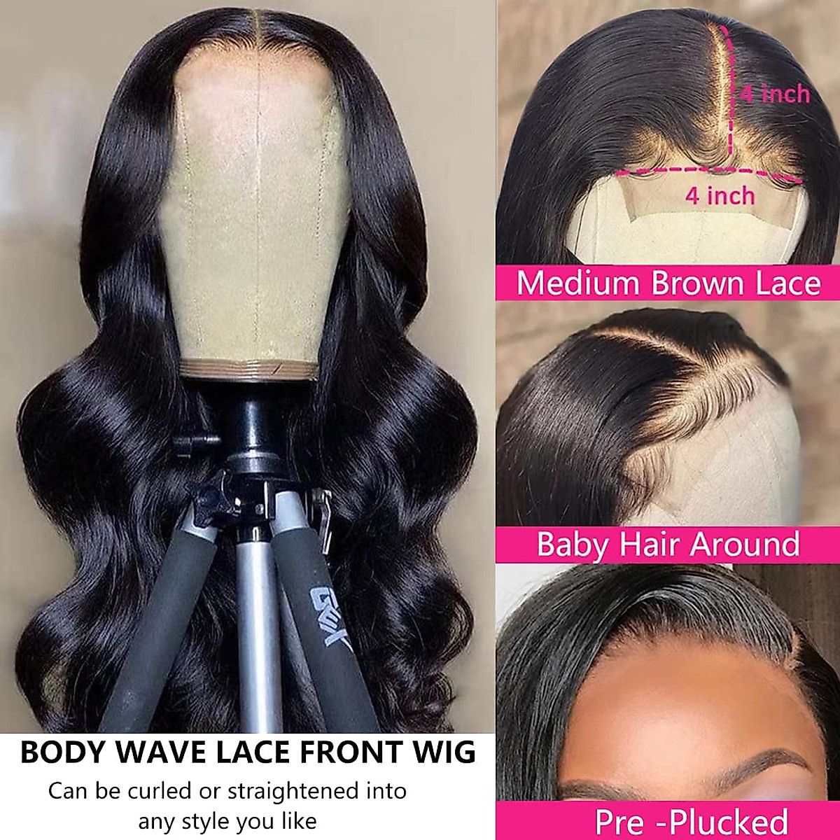 Oriole 4x4 Body Wave HD Transparent Lace Front Wigs Human Hair Glueless Wigs for Black Women Pre Plucked 150% Density Brazilian Virgin Lace Closure Wigs with Baby Hair Natural Color (16 Inch)