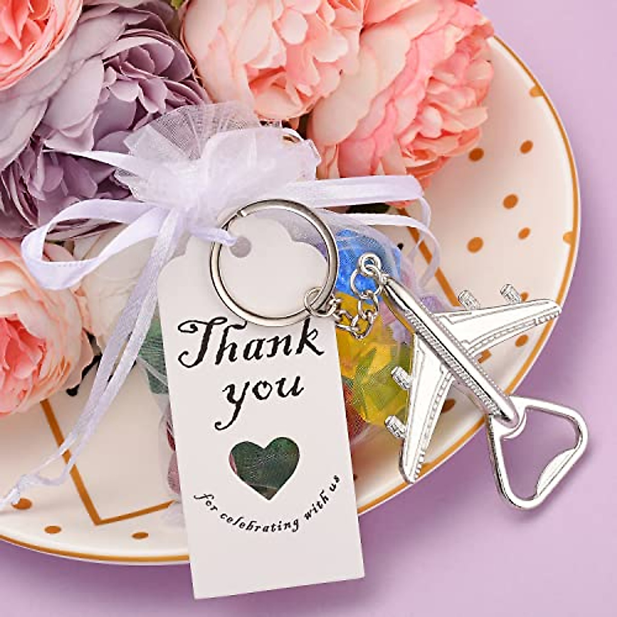 50Pcs Airplane Bottle Openers with Keychain & Keyrings for Wedding Favors, Bridal Shower Gifts for Guests or to make flight attendant gifts for a trip，Include White Sheer Favor Bag Thank You Card