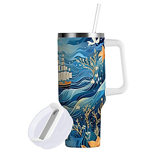 ARGTILDN 40 oz Tumbler Sea Sailboat Underwater World Insulated Travel Mug with Handle and Straw Lid Stainless Steel Vacuum Coffee Cup Tea Beverage Container Water Bottles for Car Sports office