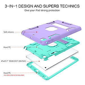 BENTOBEN for iPad 6th Generation Cases, iPad 5th Generation Case, iPad 9.7 2018/2017 Case, 3 in 1 Heavy Duty Rugged Shockproof Kickstand Protective Tablet Cover for iPad 9.7" 2018/2017, Purple/Green