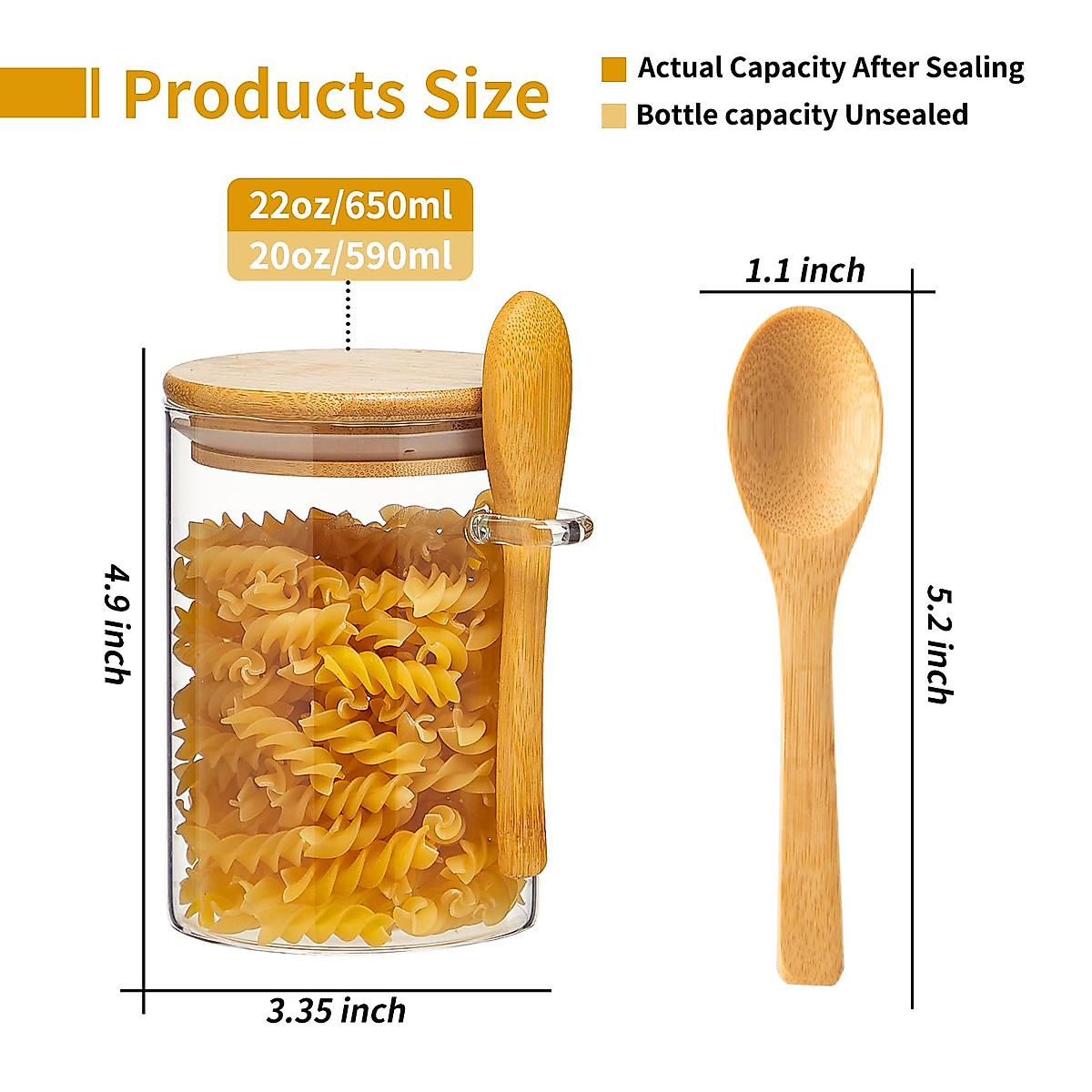 Spreccio Set of 6 Airtight Glass Jars with Bamboo Lids and Spoons, 22 OZ Glass Food Storage Jars Perfect for Coffee, Tea, Sugar, Spices, Beans, and More