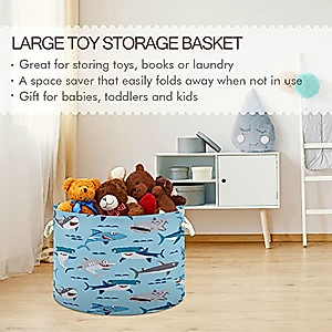 Kigai Cute Sharks Cotton Rope Basket Large Collapsible Baby Laundry Basket Blanket Basket Kid's Toy Storage Basket Organizer for Nursery Bedroom Home Decor