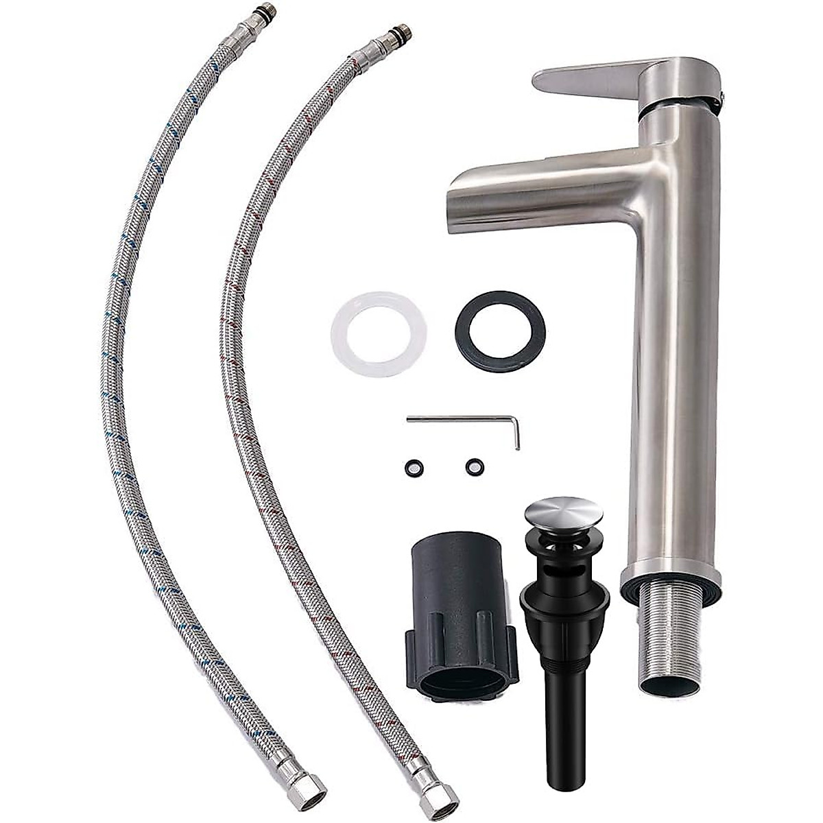 VCCUCINE Vessel Sink Faucet Brushed Nickel, Single Handle Single Hole Waterfall Rv Bathroom Faucet, Tall Lavatory Vanity Bowl Sink Faucet with Pop Up Drain and Two 3/8" Hoses