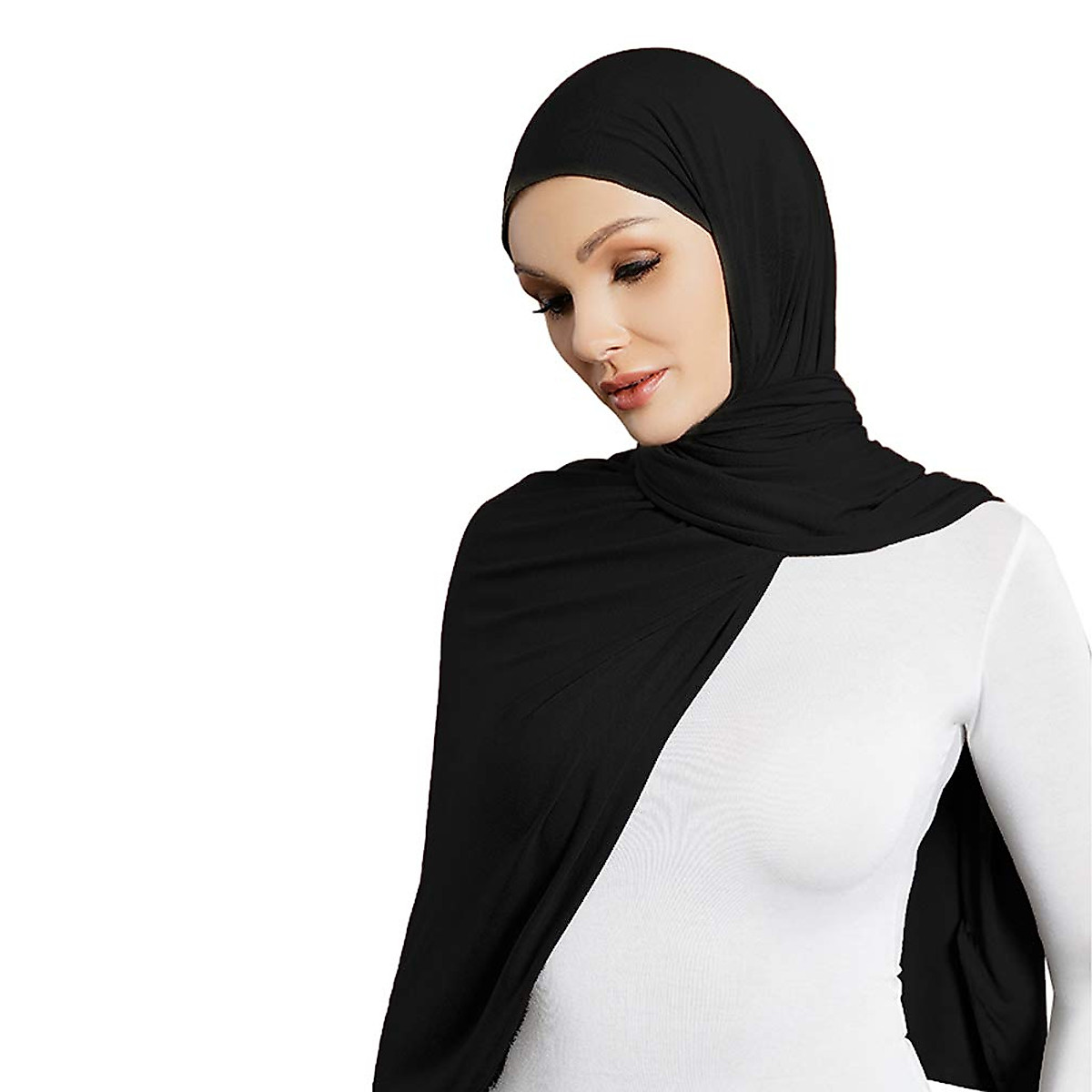 Hophor Womens Black Jersey Hijab Long Stretch Head Wrap Fashion Viscose Scarf Jersey Hijab Scarf for Women (Black)