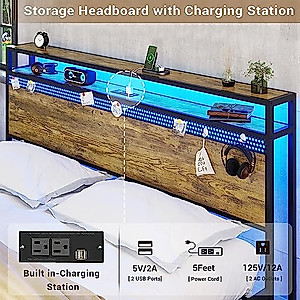 ADORNEVE King Size Bed Frame with Drawers, LED Bed Frame with 2 Tier Storage Headboard and LED Lights, Metal King Platform Bed with Charging Station, Double-Row Support Bars, Noise-Free, Vintage Brown