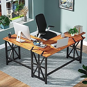 GreenForest L Shaped Desk with 2 Monitor Stand, 50.4 inch Reversible Corner Computer Desk for Home Office Study Gaming Workstation Crafting Table for Small Spaces, Easy Assembly, Walnut