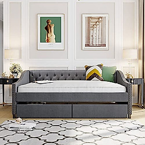 Upholstered Full Daybed with Two Storage Drawers, Full Size Button Tufted Sofa Bed Daybed with Nailhead Trim and Wood Slat Support (Grey Fabric)