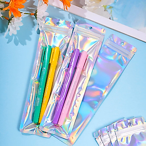 100 Pcs Pen Packaging Bags for Small Business, Resealable Foil Pouch Bag For Pens, Holographic Ziplock Smell Proof Storage Bags for Packaging Lipgloss,Jewelry,Cosmetic,Candy, 2.4x9 inch