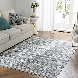 Syalife Washable Living Rug Vintage Area Outdoor Rugs, 8'x 10' Rug with Non Slip Backing, Ultra-Thin Medallion Distressed Non-Shedding Boho Rug, Persian Floor Indoor Rug (Grey/White, 8'x 10')