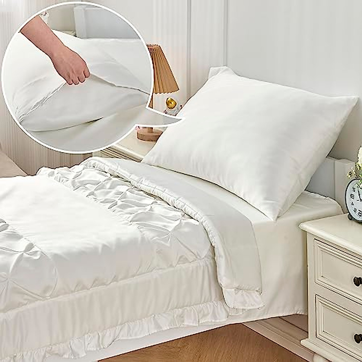 Toddler Bedding Set for Girls 4 Piece white Pinch Pleated Ruffle Fringe Pintuck Toddler Bed Comforter Sheet Set for Kids Bed-in-a-Bag Quilt Crib Set with Comforter,Flat Sheet,Fitted Sheet,Pillowcase