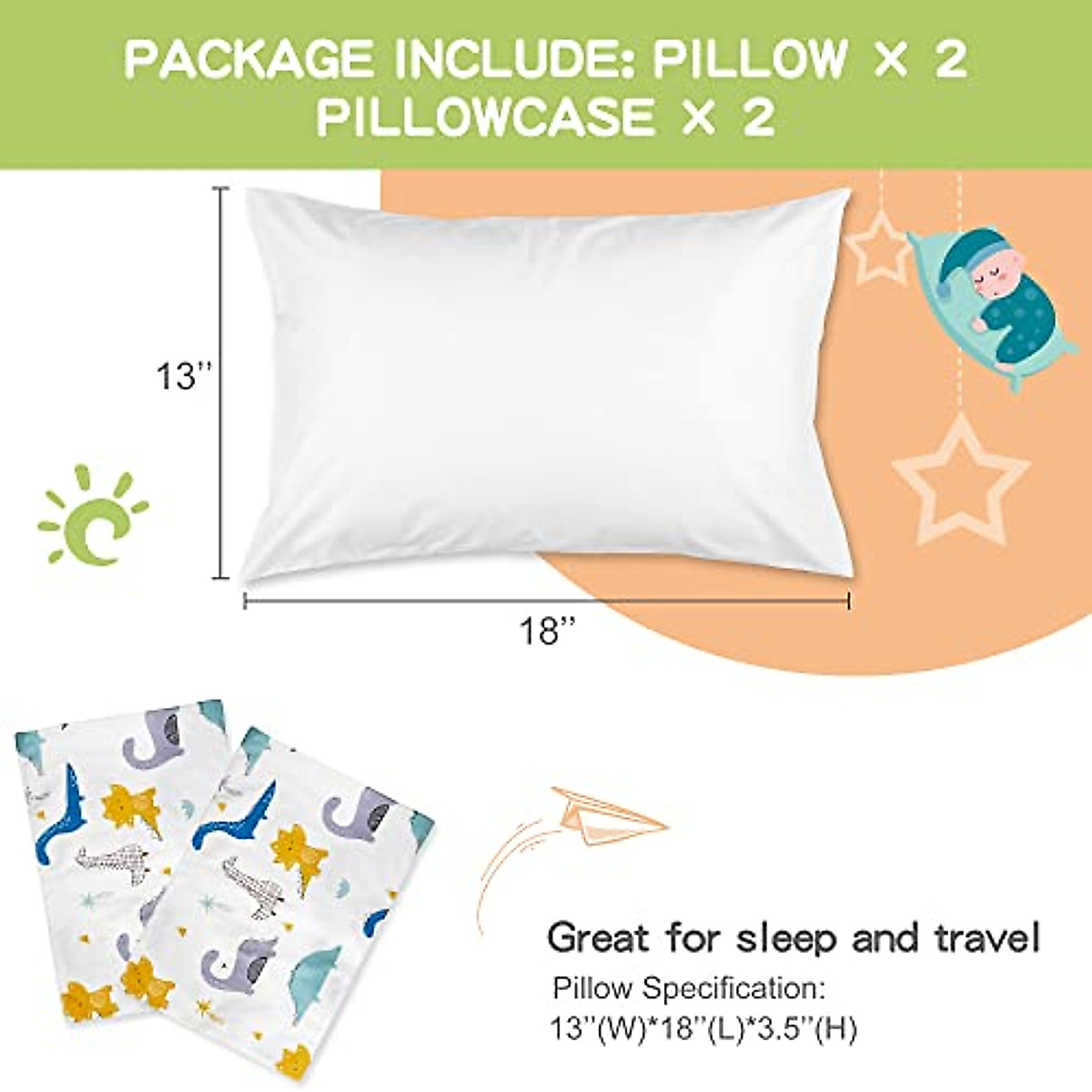 Toddler Pillow with Pillowcase 2 Pack,13X18 Soft Baby Pillows for Sleeping, Machine Washable Kids Pillow with Cotton Pillowcase, Perfect for Travel, Toddlers Cot (Dinosaur)