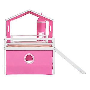 Harper & Bright Designs Full Size Low Loft Bed with Slide & Curtains and Tower, Solid Wood Loft Bed Frame with Tent, Full Over Full Floor Bunk Bed for Kids Girls Boys (Pink)