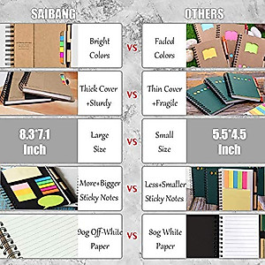 SAIBANG Spiral Notebook Steno Notepad, Wide Ruled Lined Paper Notebooks with Pocket, Pen in Holder, Colored Sticky Notes Index Tabs Page Markers for School Office, 7 x 9 inch, Kraft Cover (Black)