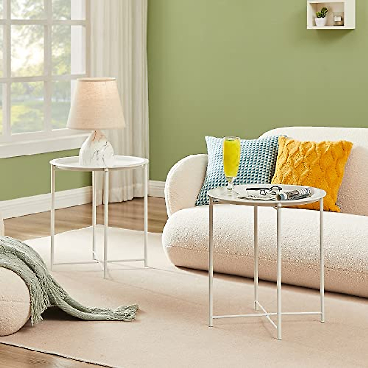 VECELO Modern End Side Tables,Round Metal Foldable Tray,Stable Snack Nightstand for Outdoors,Small Space,Living Room and Balcony, 18.5 in x 18.5 in x 19.7 in, Beige Set of 2