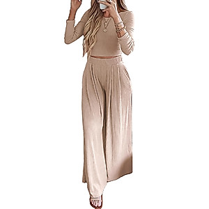 BTFBM Women's Two Piece Lounge Set Long Sleeve Bodycon Ribbed Knit Crop Top Loose Wide Leg Pant Casual Outfits Sweatsuit(Solid Apricot, Medium)
