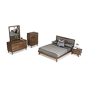 Limari Home Maurice Collection Bedroom Mid-Century Veneer Finished & Fabric Upholstered Bed, California King, Gray, Walnut