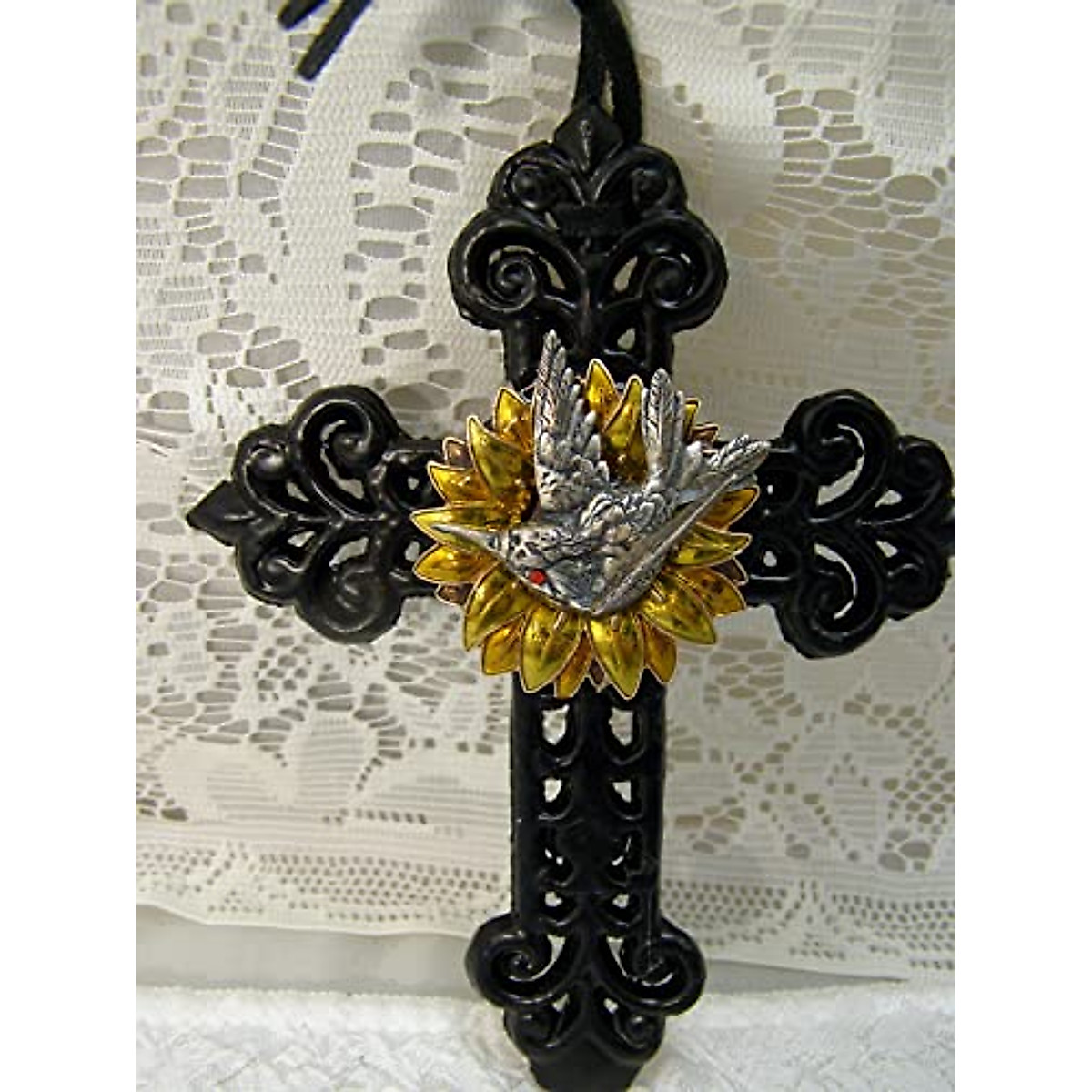 Upscaled Black Metal SUNFLOWER Hummingbird WALL CROSS Decor, Hummingbird Cross, Office home cross, upcycled religious art, Christian gift