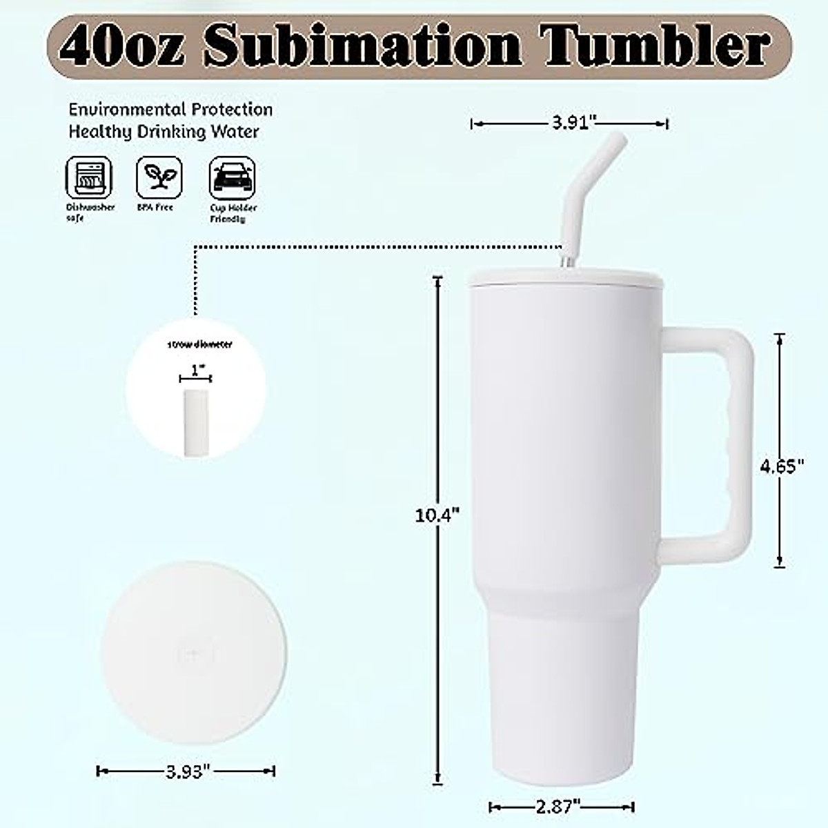 Towsnails 40oz sublimation tumbler with Handle | Leak-proof Lid and Straw | Insulated Coffee Mug Stainless Steel Travel Mug | Modern Insulated Tumblers Cupholder Friendly (4PACK/ White