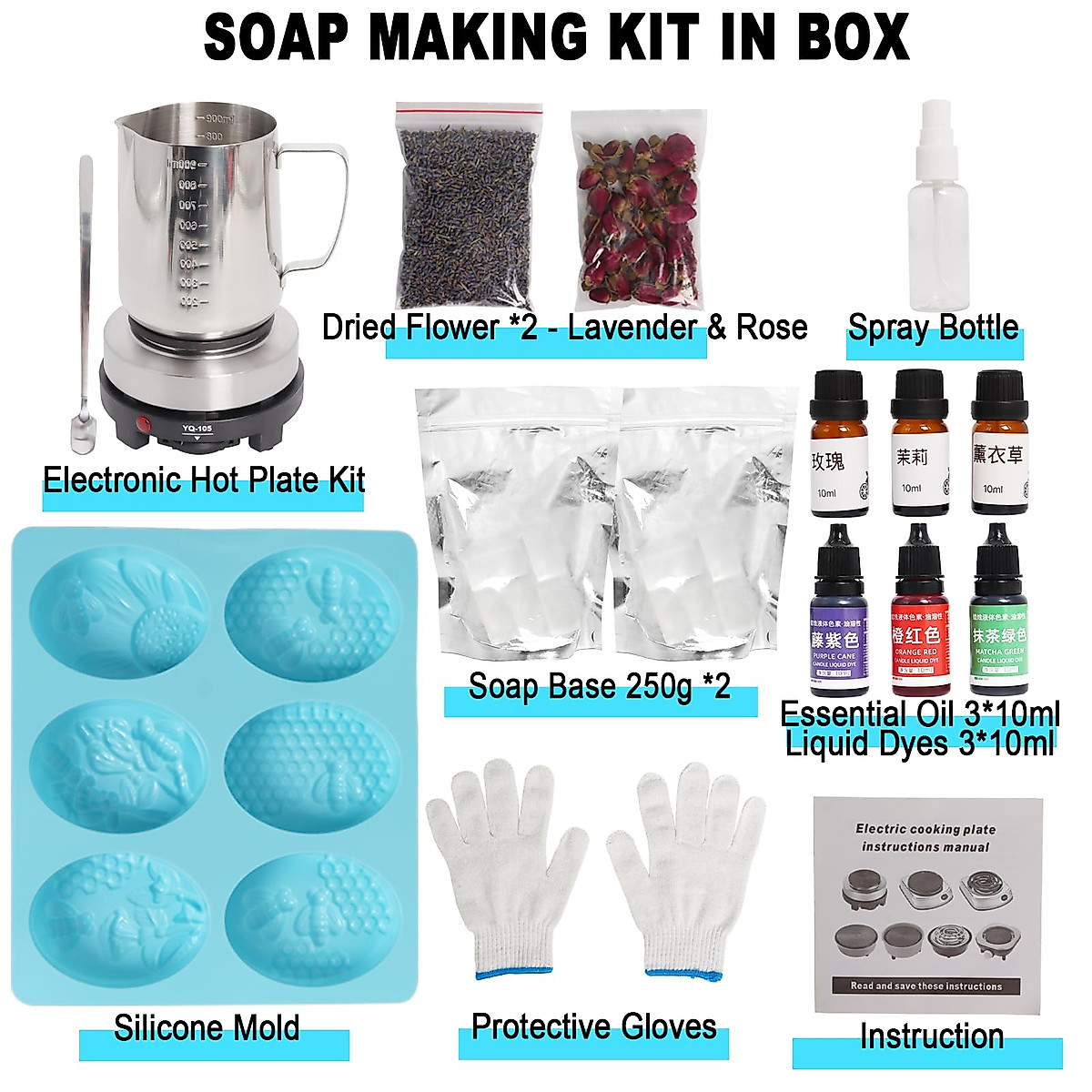 Soap Making Kit with Electronic Hot Plate, DIY Soap Making Supplies for Adults and Beginners, Including Silicon Soap Mold, 1.1 lb Glycerin Soap Base, Pouring Pot