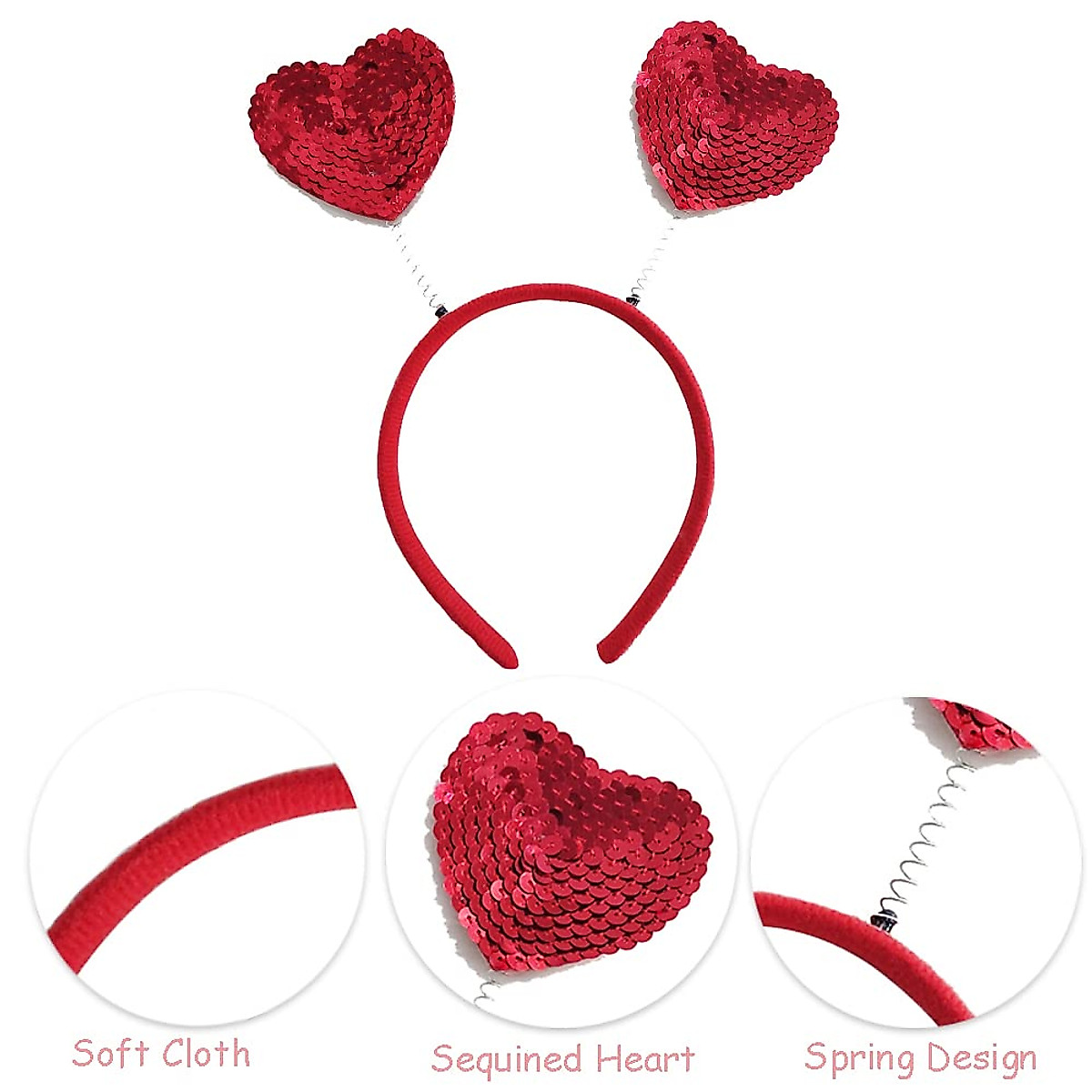 AIUPUOC Valentine's Day Heart Headband Red Sequins Hair Band Hair Hoop Hair Accessories Red Love Heart Shaped Sequin Design Headbands Hair Holiday Decoration Hair Clasp Hairpin Headwear Gift 1Pcs