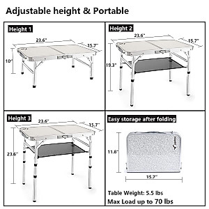 YYGDOBS Portable Folding Table 24"x16" - Aluminum Small Picnic Camping Table Lightweight Side Table for Indoor Outdoor Garden Van Truck RV(3 Adjustable Heights 10"/19"/24")
