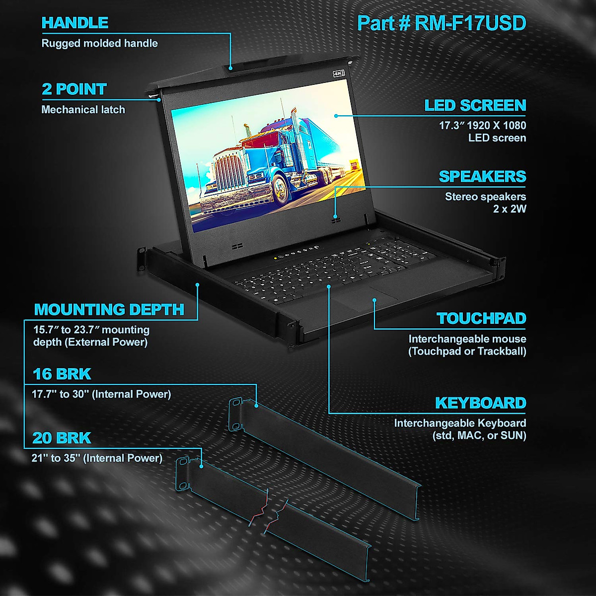 Crystal Image Technologies - Rackmount Monitor, 1920 X1080, 1U 17.3" LCD, VGA + HDMI Input Part#RM-F17USD-16BRK, 3 Year Warranty