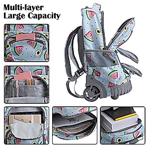 SKYMOVE 18 inches Wheeled Rolling Backpack Multi-Compartment College Books Laptop Bag Business Trip Carry-on for Boys and Girls, Dark Light Blue Fruits