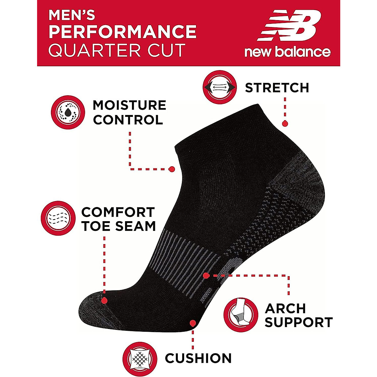 New Balance Men's Quarter Socks - 12 Pack Performance Cushioned Athletic Socks for Men with Arch Support (Shoe Size: 6-12.5), Size 6-12.5, Black/Grey Assorted