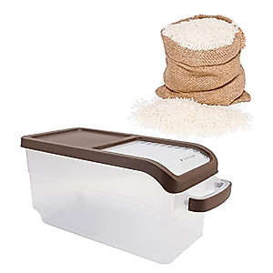 Kitchen Food Container, Food Grade PP Rice Storage Box Transparent 10kg Bottom Pulley Sealed Dishwasher Safe with Measuring Cup for Restaurant(Brown)