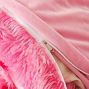 Jameswish Shaggy Plush Duvet Cover Set Super Soft Fluffy Faux Fur Comforter Cover Set Luxury Fuzzy Bedding Set 3 Piece(1Duvet Cover+2Pillowcases) with Zipper Closure(Full Size,Pink White Ombre)