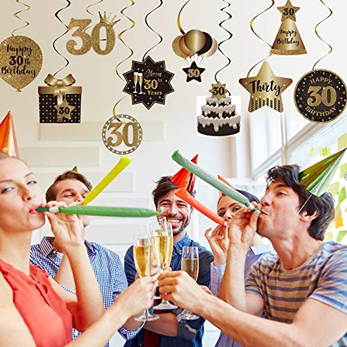 Happy 30th Birthday Party Hanging Swirls Streams Ceiling Decorations, Celebration 30 Foil Hanging Swirls with Cutouts for 30 Years Old Black and Gold Birthday Party Decorations Supplies