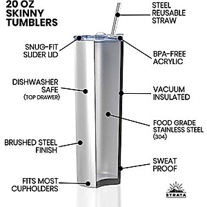 STRATA CUPS Skinny Tumblers with Lids and Straws (4 Pack) - 20 oz Double Wall Insulated Slim Stainless Steel Silver Tumblers with Straw Cleaner | Reusable Travel Mug for Hot and Cold Beverages